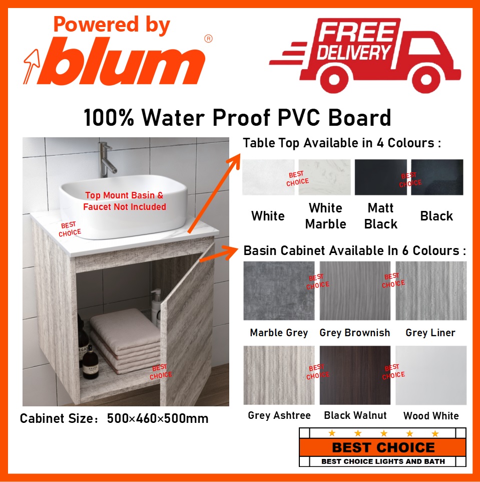 [ 500 x 460 x 500mm ] One Door PVC Basin Cabinet + Solid Top with Blum ...