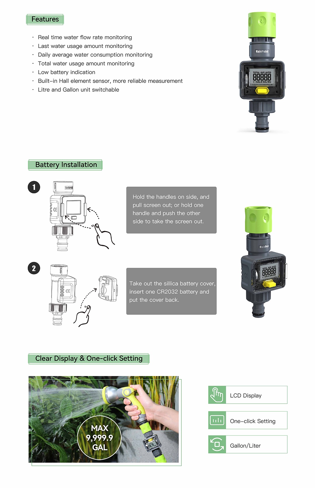 RainPoint Hose-end Water Flow Meter [ Real-Time Monitor, Gallon / Litre ...