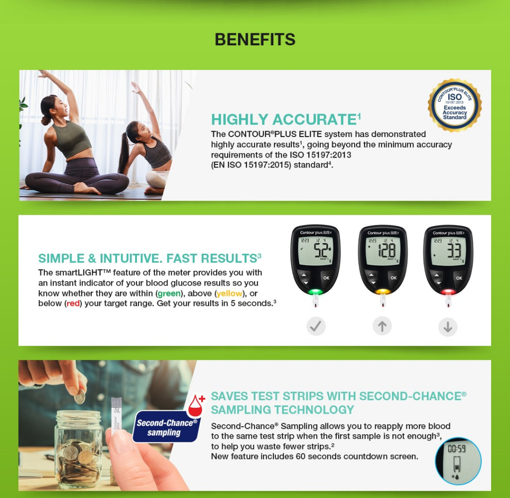 Contour Plus Elite Blood Glucose Meter (mmol/L) + 100 Test Strips + 100 ...