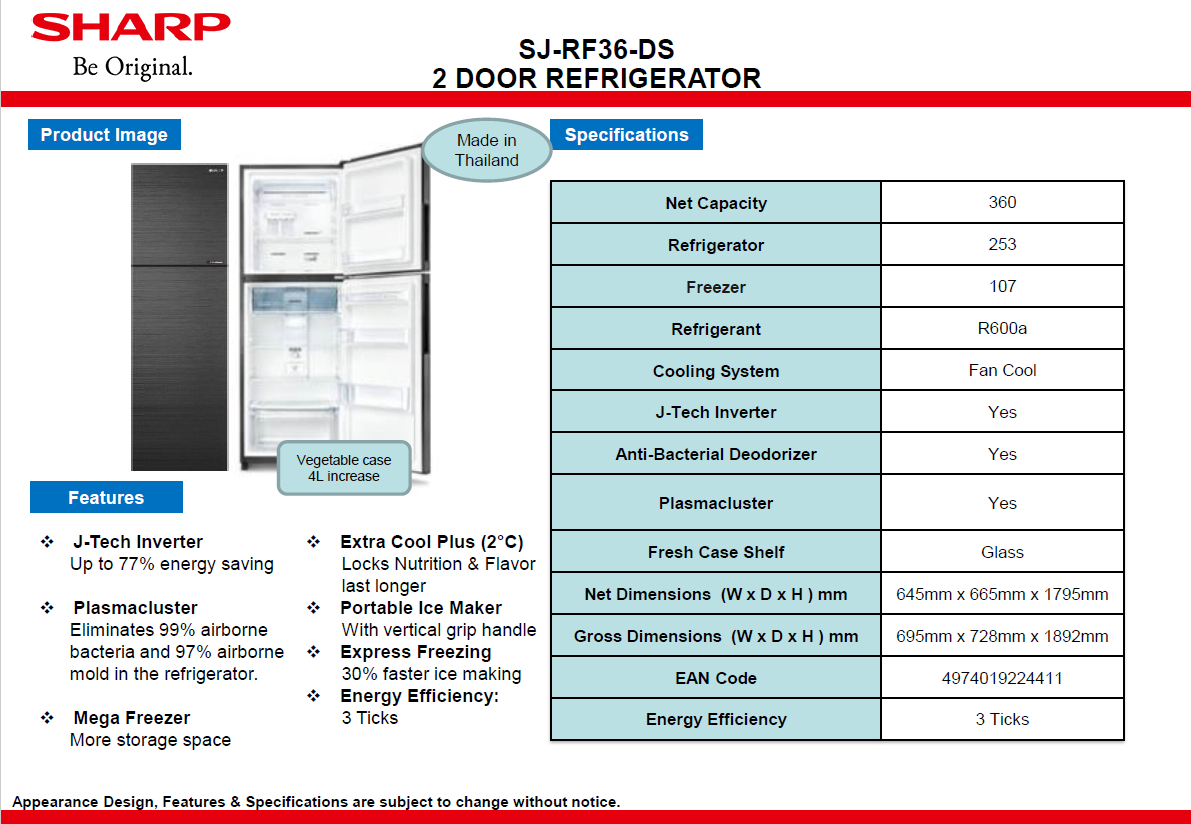 SHARP SJ-RF36E-DS 360L 2 DOOR BLACK TOP FREEZER INVERTER REFRIGERATOR ...