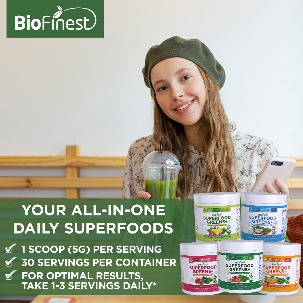 Biofinest Superfood Greens+ Powder Drink Probiotics Enzymes Fibers Acai ...