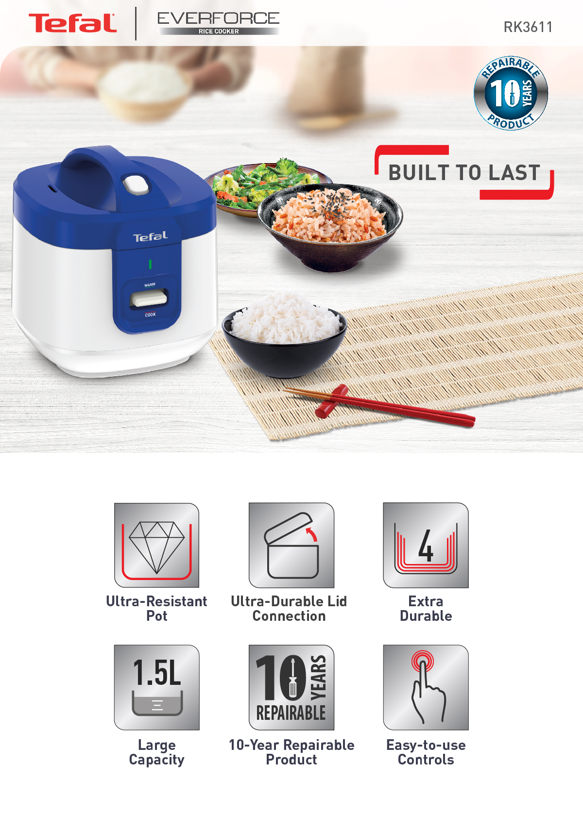 Tefal Everforce Mechanical Rice Cooker 1.5L RK3611 – 4-Layer, Durable, 5H Keep-Warm, High ...
