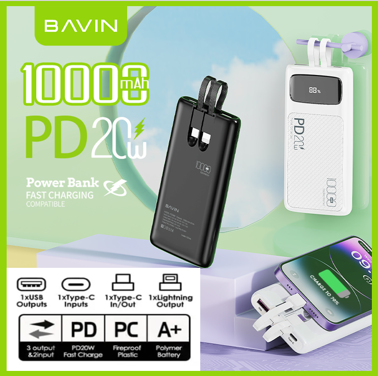 NEW Design BAVIN Fast Charging 10000mAh Power Bank with Inbuilt Cable ...