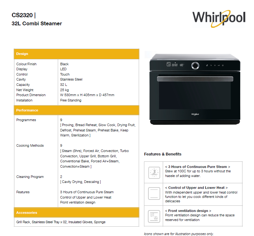 WHIRLPOOL CS1250 | CS2320 COMBI STEAM OVEN | Shopee Singapore