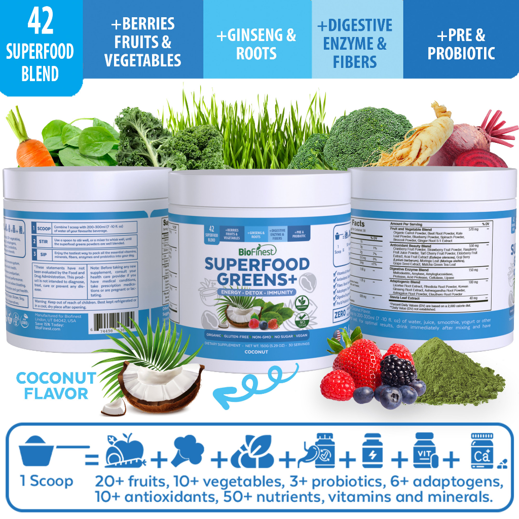 Biofinest Superfood Greens+ Powder Drink Probiotics Enzymes Fibers Acai ...