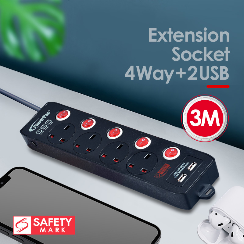 PowerPac Extension Cord, Extension Socket with USB Charger, Power Cord ...