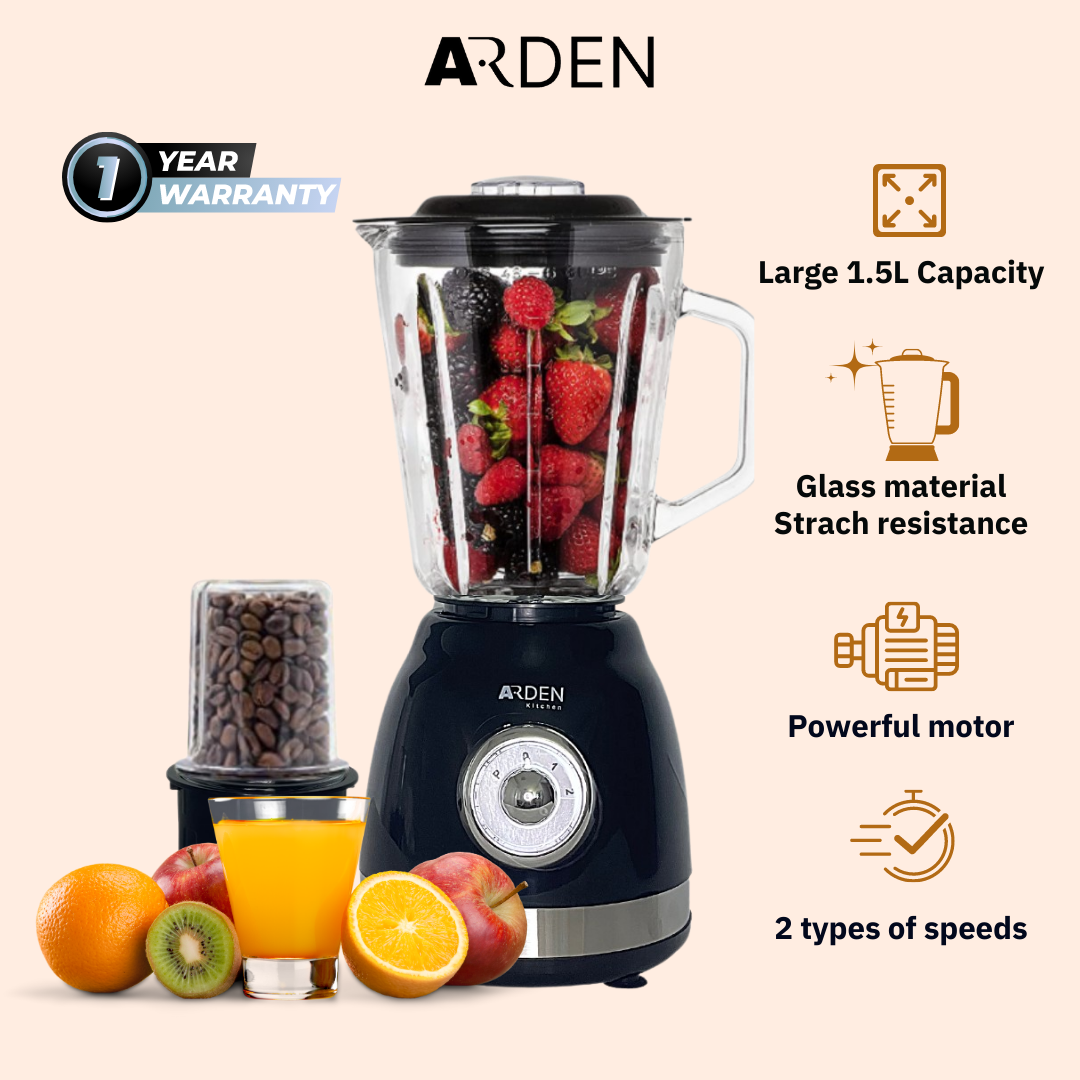 Arden Glass Jar 1.5L Tabletop Blender w Grinder, Smoothies with 6-blade ...