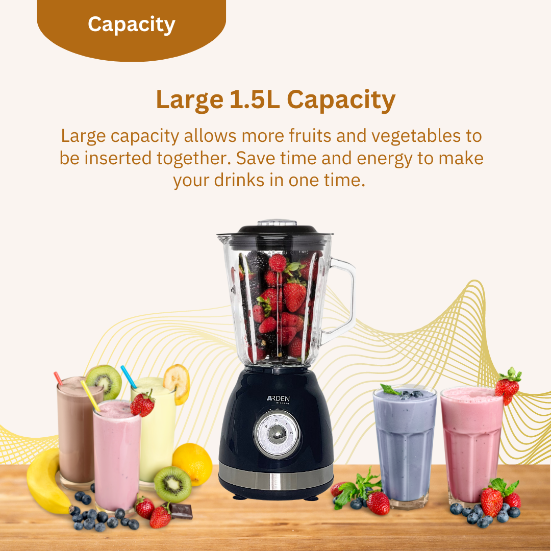 Arden Glass Jar 1.5L Tabletop Blender w Grinder, Smoothies with 6-blade ...