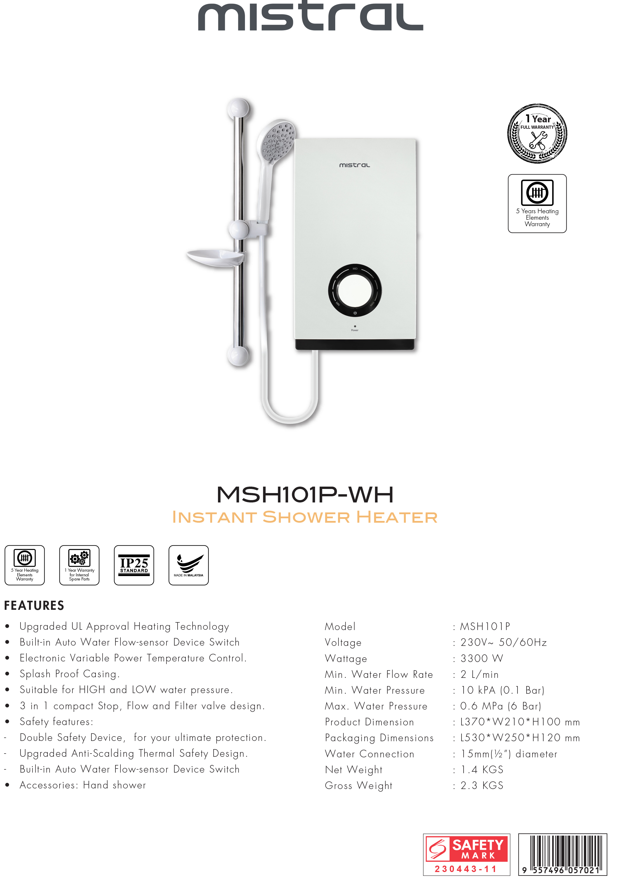 Mistral instant shower heater MSH101P black/white | Shopee Singapore