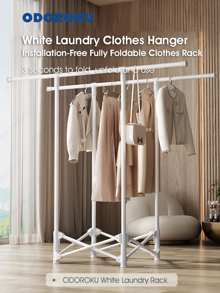 ODOROKU Foldable & Free Standing White Clothes Clothes Laundry Rack ...