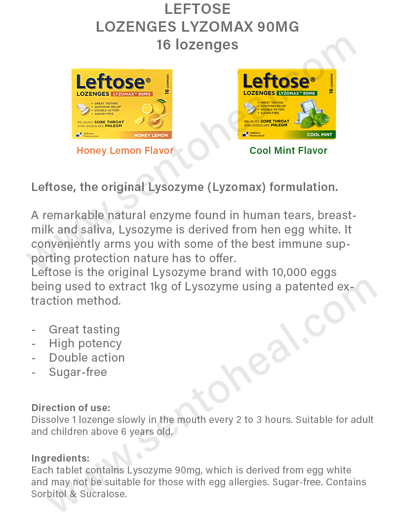 Leftose Lozenges Lyzomax 90mg Honey Lemon/ Cool Mint Flavour/ Leftose ...