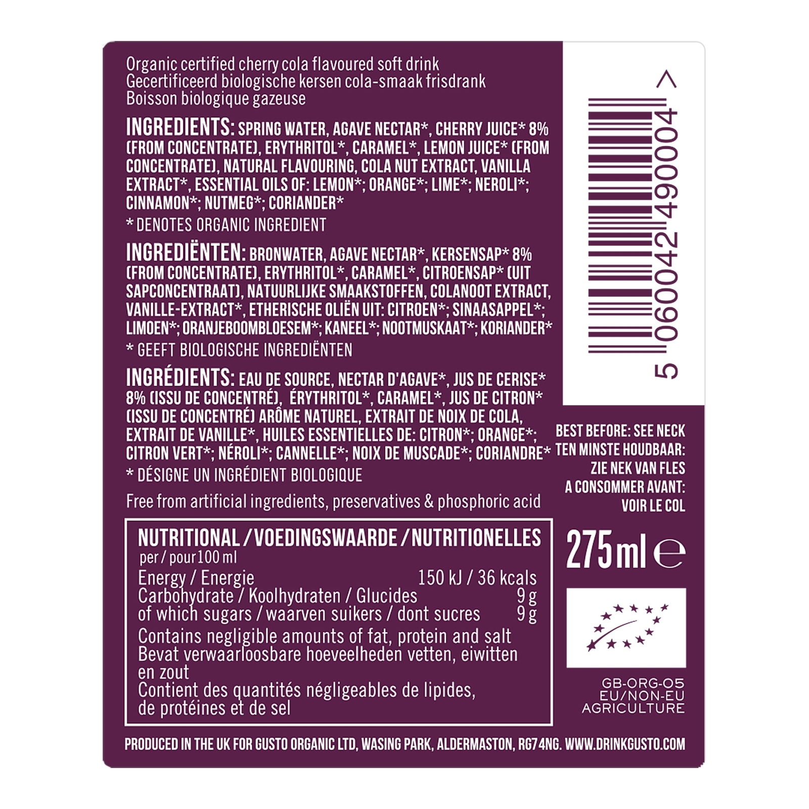 GUSTO ORGANIC Real Cherry Cola Organic Beverages (6 Bottles Pack ...