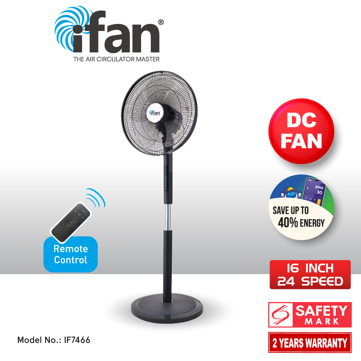 iFan 16” DC Motor Stand Fan – Remote Control, Adjust. Height & Tilt, Oscillation, Timer, LED ...