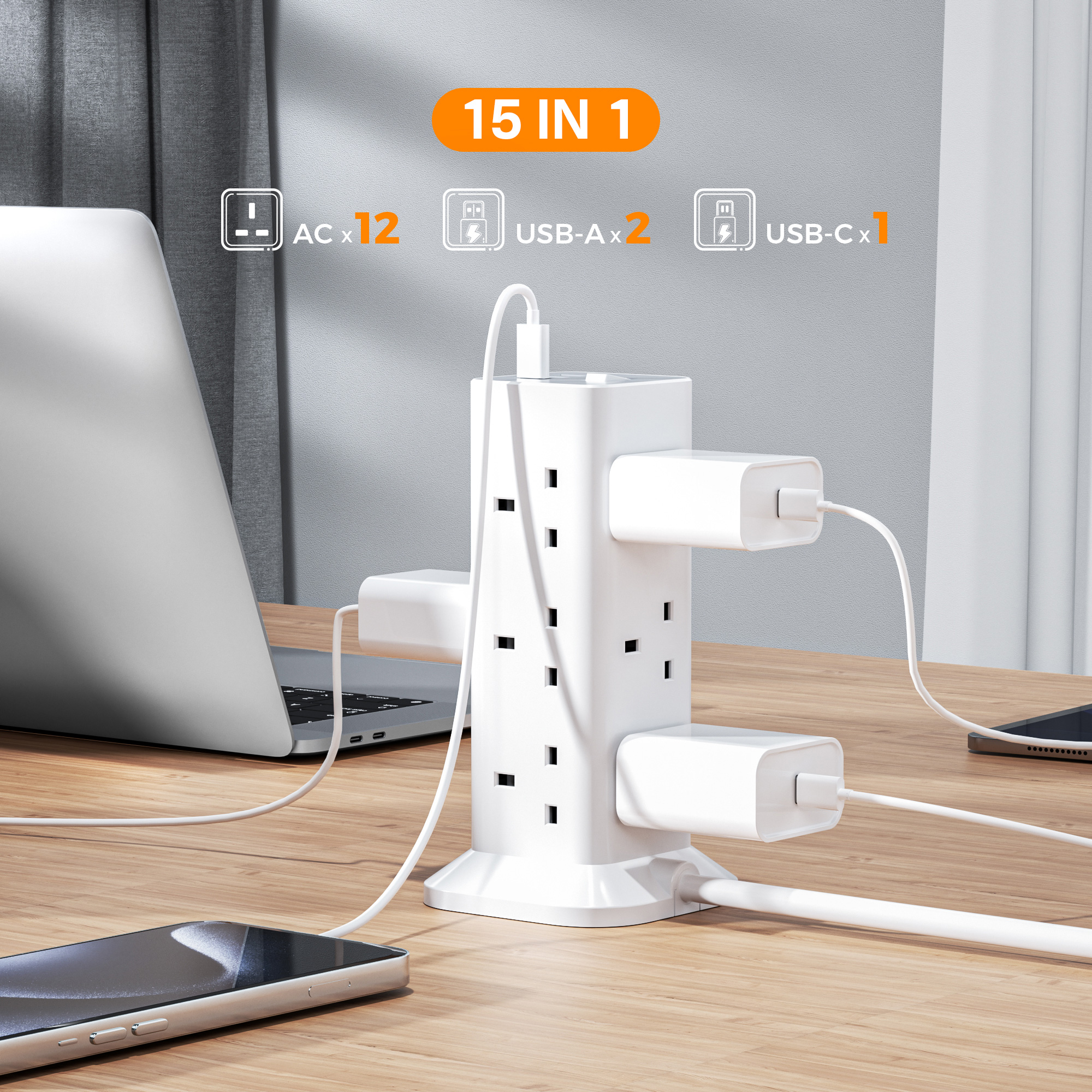 TESSAN - SG Safety Mark Extension Socket Tower with USB & Type C Surge ...