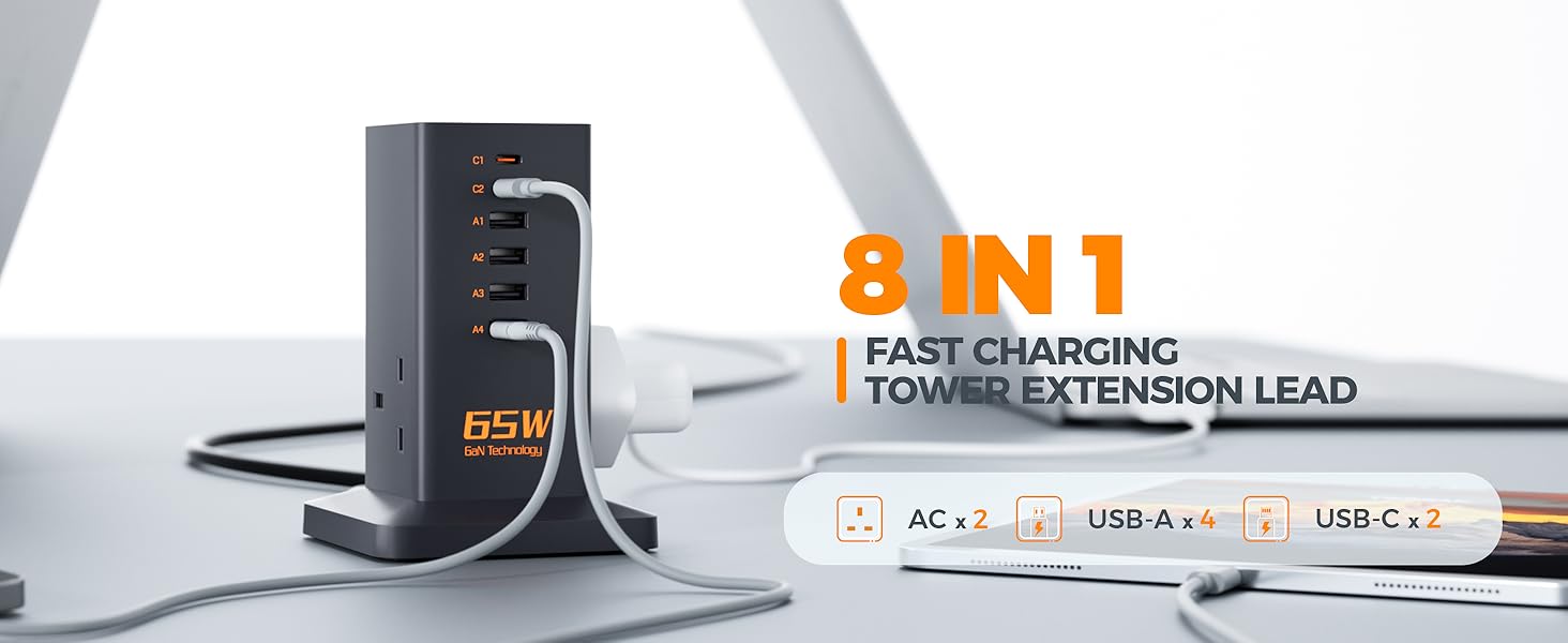 TESSAN - 65W GaN Charger Multiple Extension Cord Extension USB C Tower ...