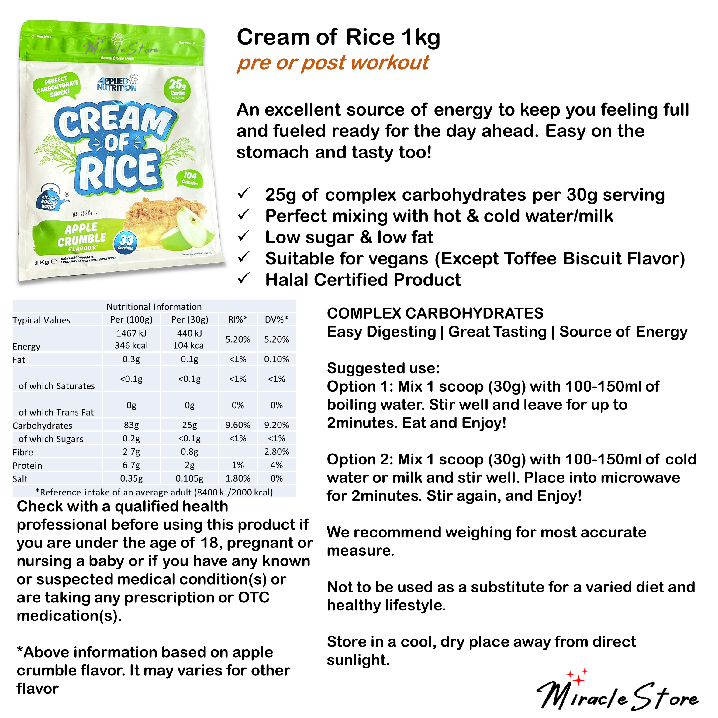 Applied Nutrition Cream of Rice 1kg Carbohydrate Fitness Energy ...