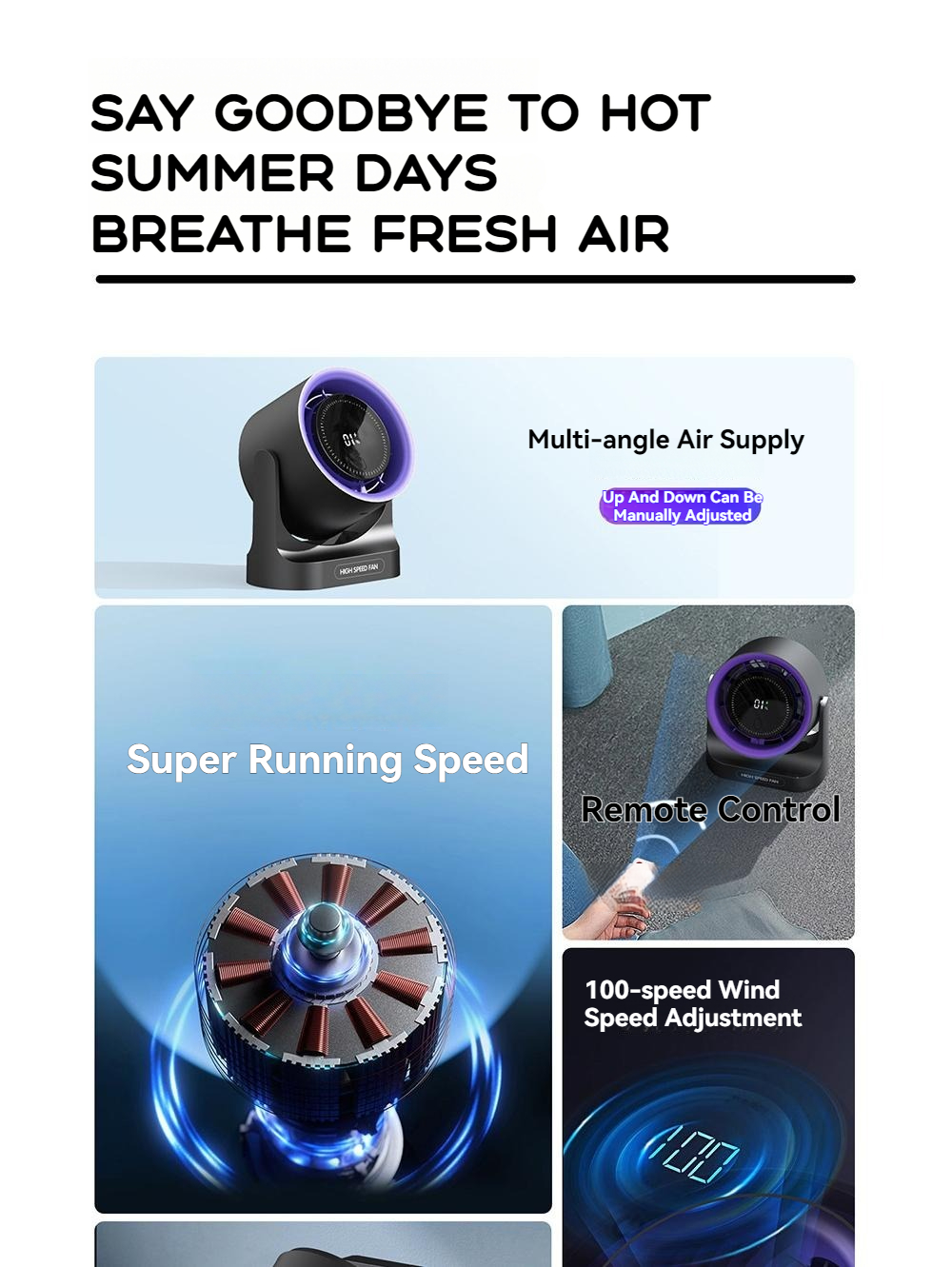 ⚡ 5-Speeds 100-Gear Turbo Fan w/ Remote, LED Display, Wall/Desk Mount ...