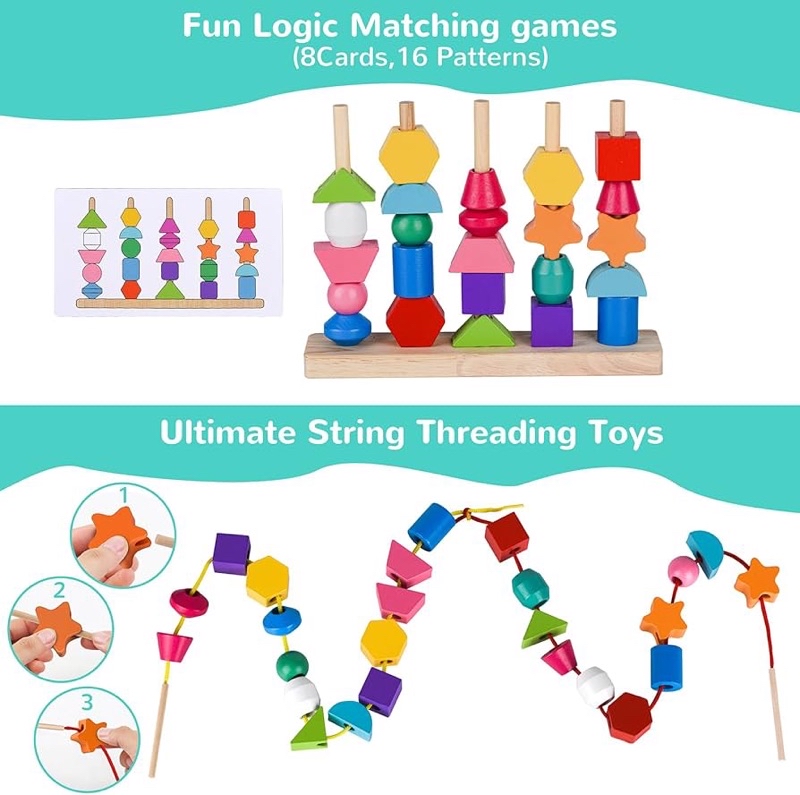 Montessori Wooden Beads Sequencing Toy Set Lacing Beads & Matching ...