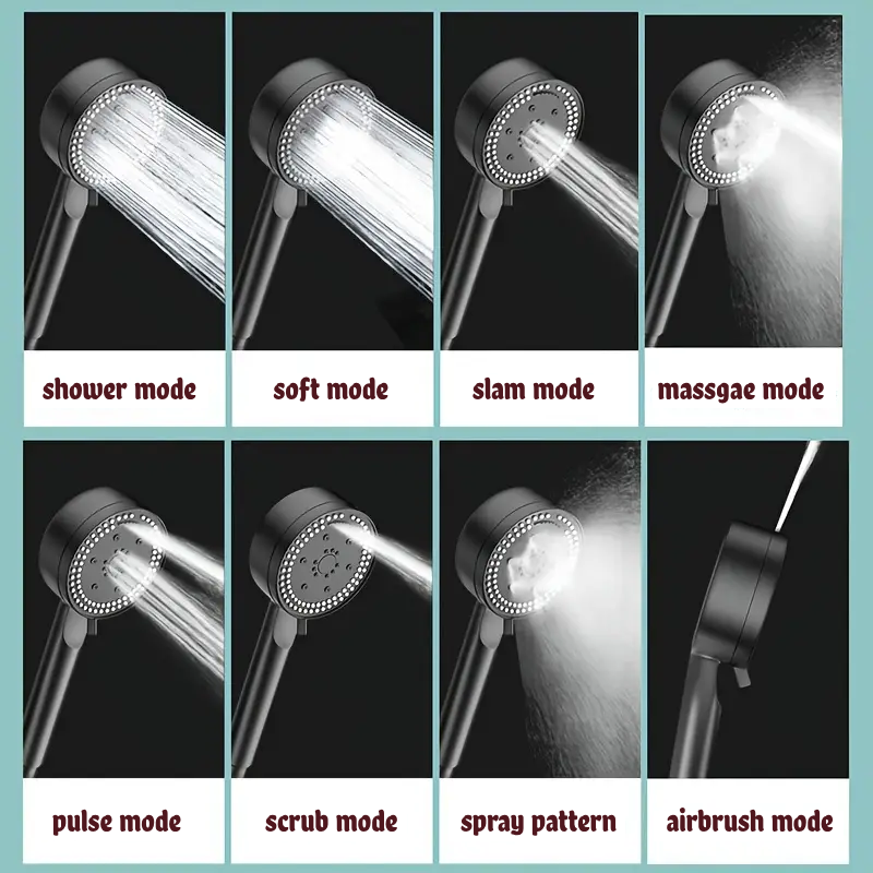 8 Modes High-Pressure Shower Head Fall Resistance Black Handheld ...