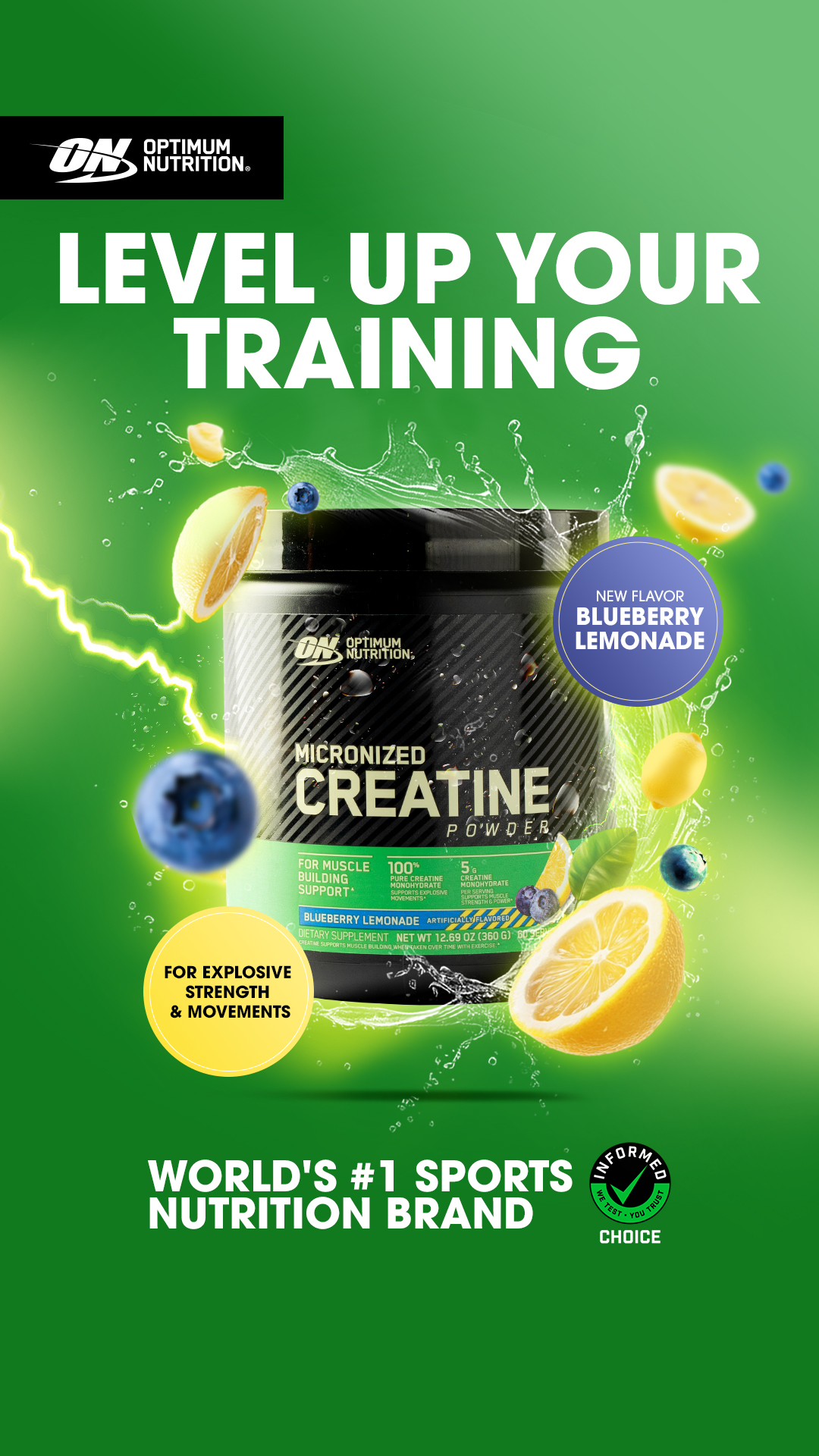 Optimum Nutrition Micronized Creatine Powder Blueberry Lemonade 360g ...