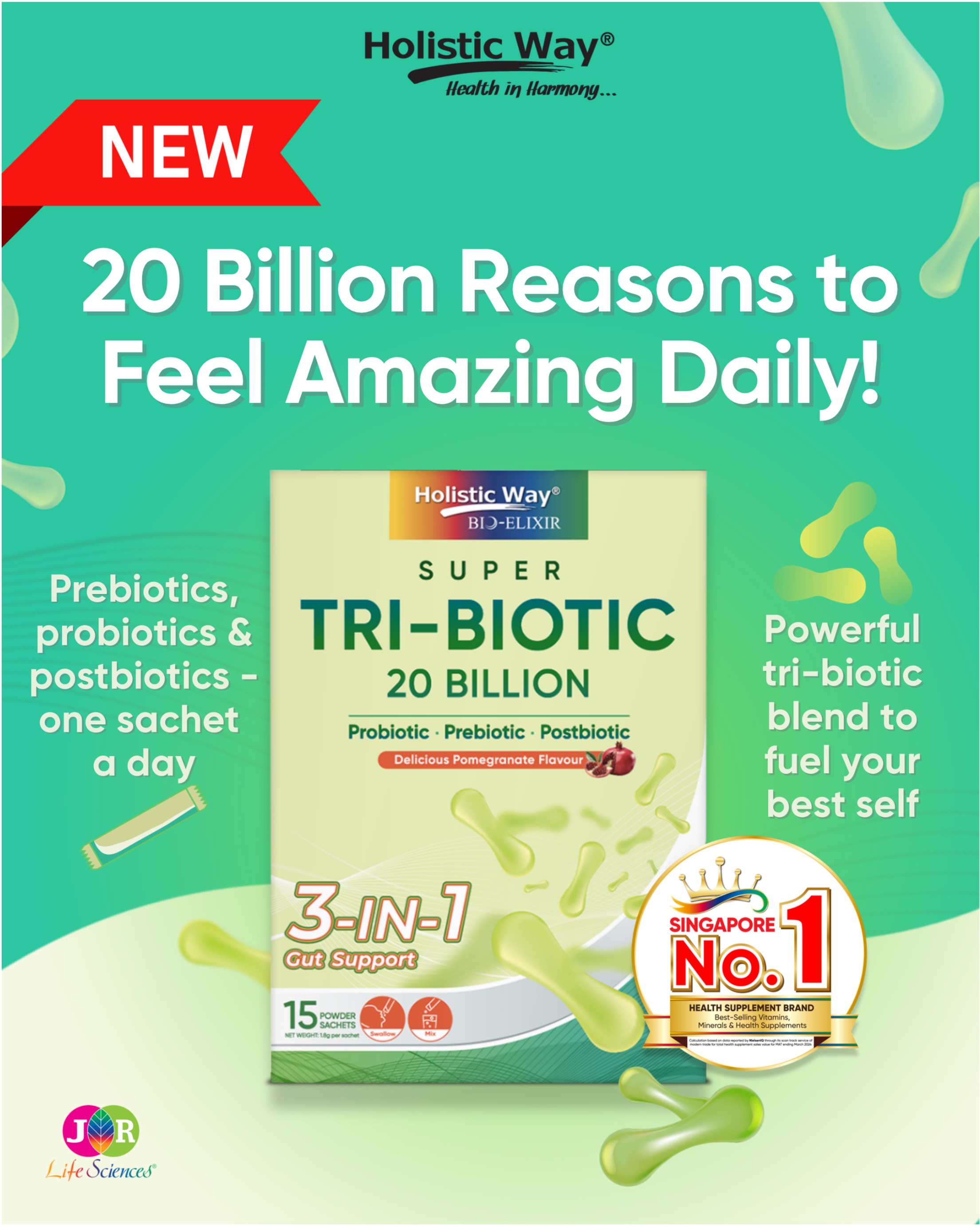 Holistic Way Bio-Elixir Super Tri-Biotic 20 Billion - 1.8g x 15 Powder ...
