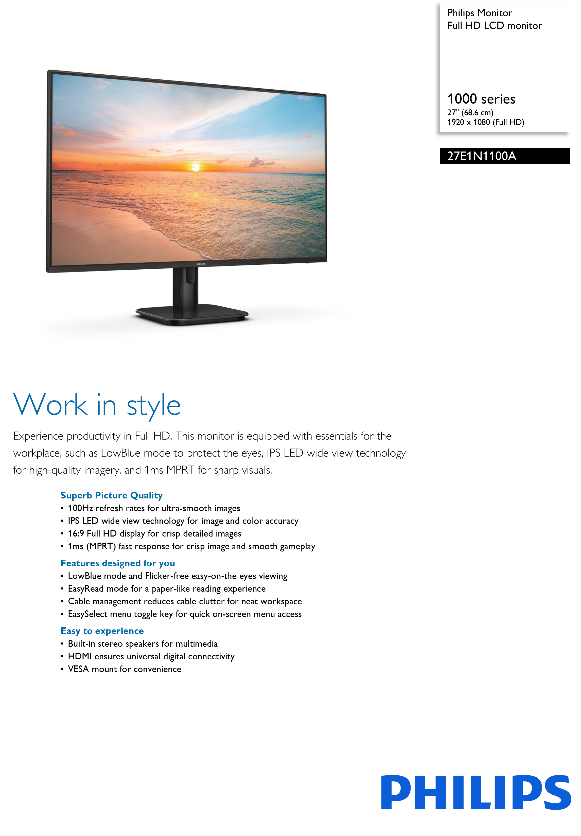 Philips 27E1N1100A 27" Full HD IPS 100Hz LCD Monitor | Shopee Singapore