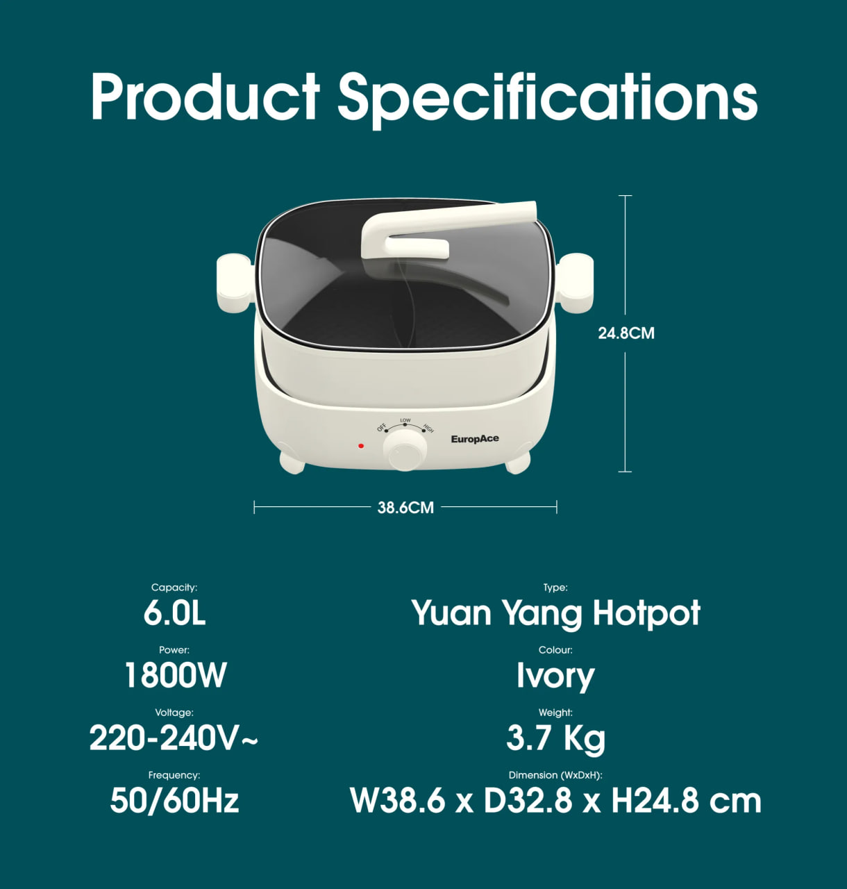 EuropAce 6L Non-Stick Yuan Yang Multi-Cooker Hotpot 1800W | EMC5600D ...