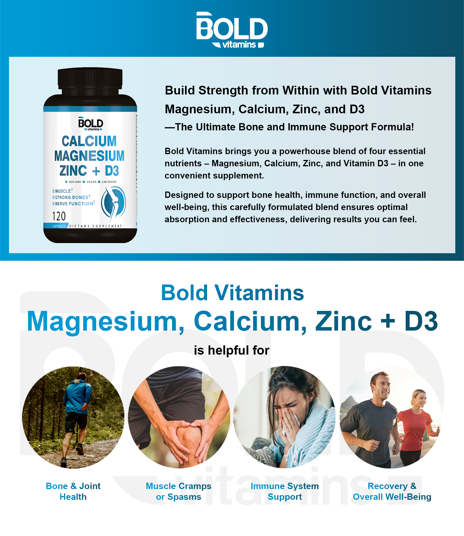 Bold Vitamins Calcium Magnesium Zinc + Vitamin D3 (120 Capsules) For ...