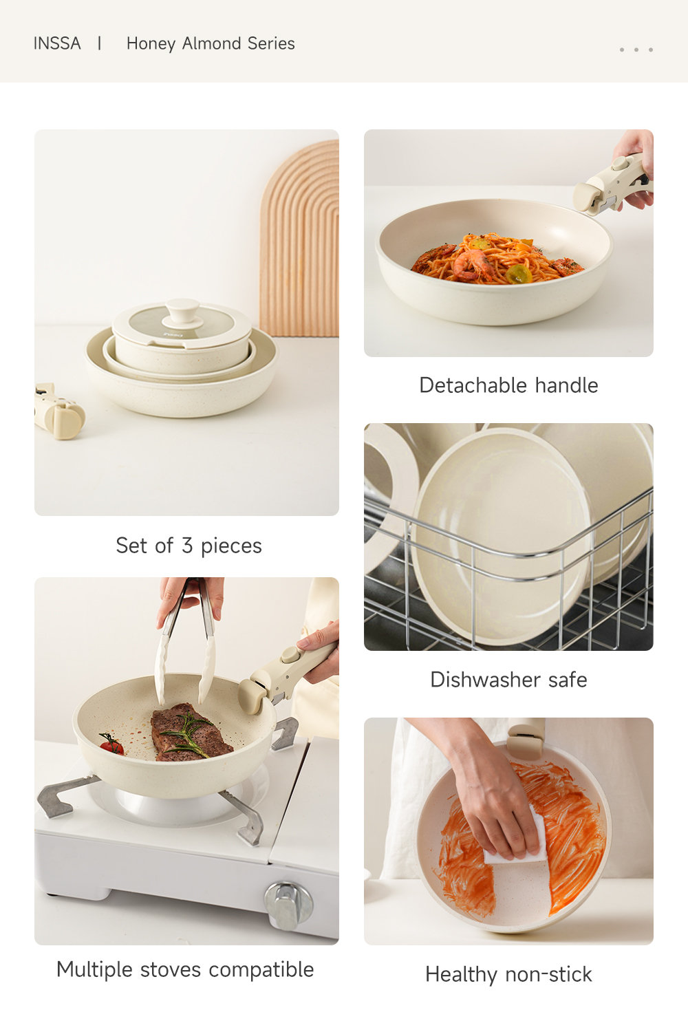 Inssa 5pcs Cookware Set丨18cm Saucepan 20cm 26cm Frying Pans丨Detachable ...