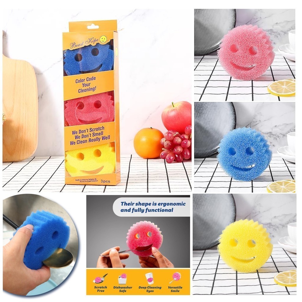 (FOREVER $2) 3PCs Smiley Face Scrub Sponge Premium Quality Versatile ...