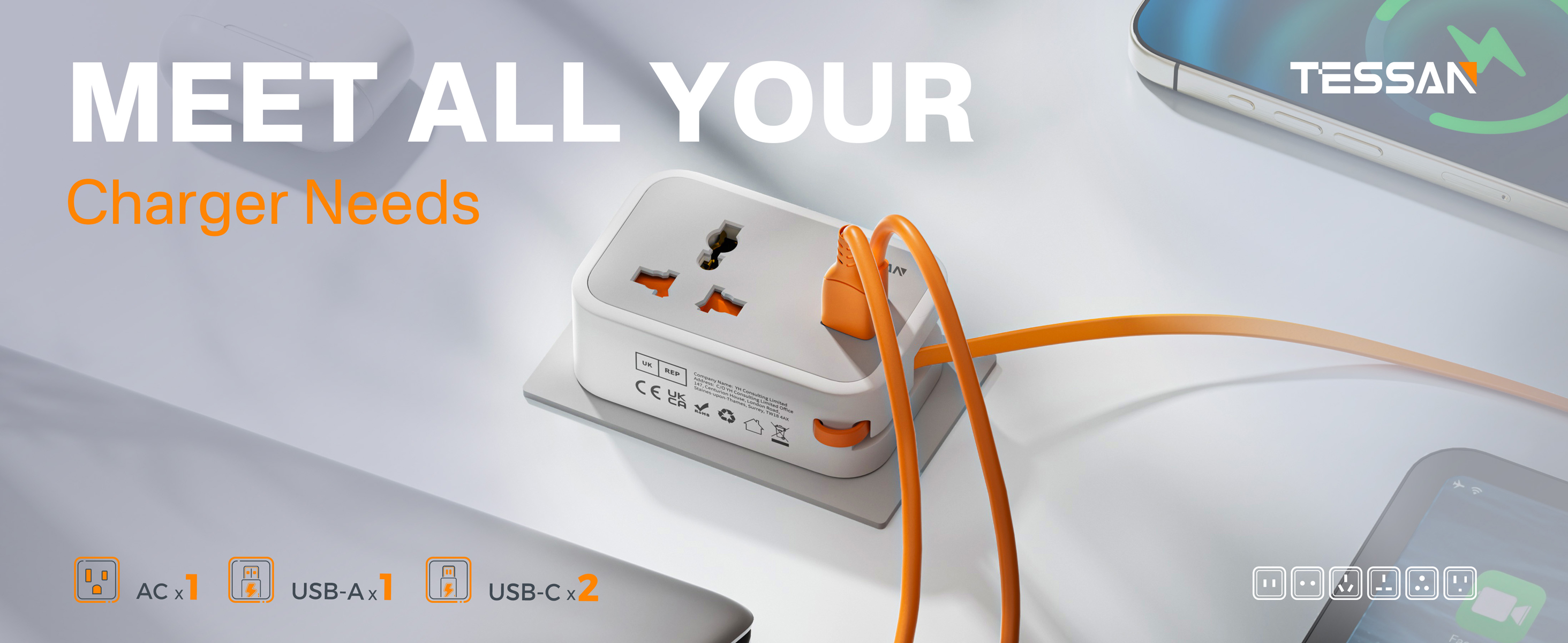 TESSAN - PD 20W Universal Socket Multi Plugs Cable Extension Socket ...