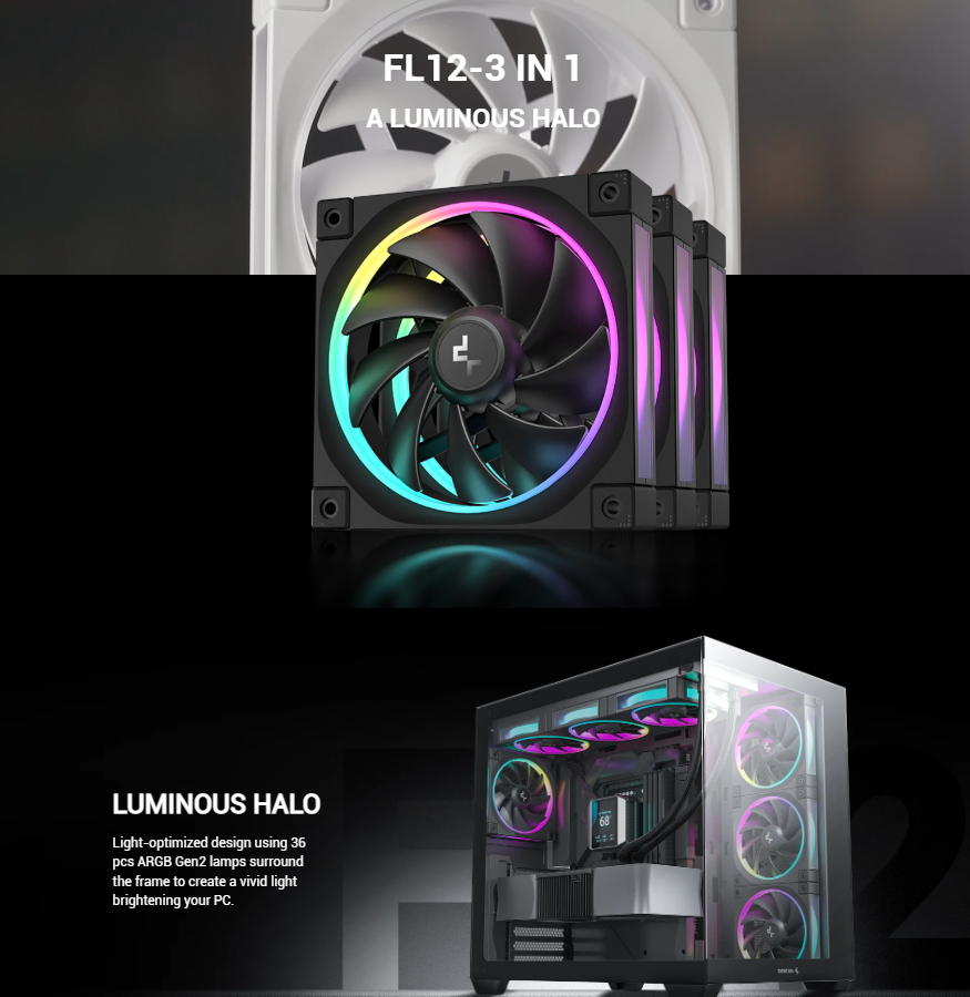 DEEPCOOL FL12 ARGB LUMINOUS HALO 3 IN 1 DAISY CHAIN ARGB PWM 3 x 120MM ...