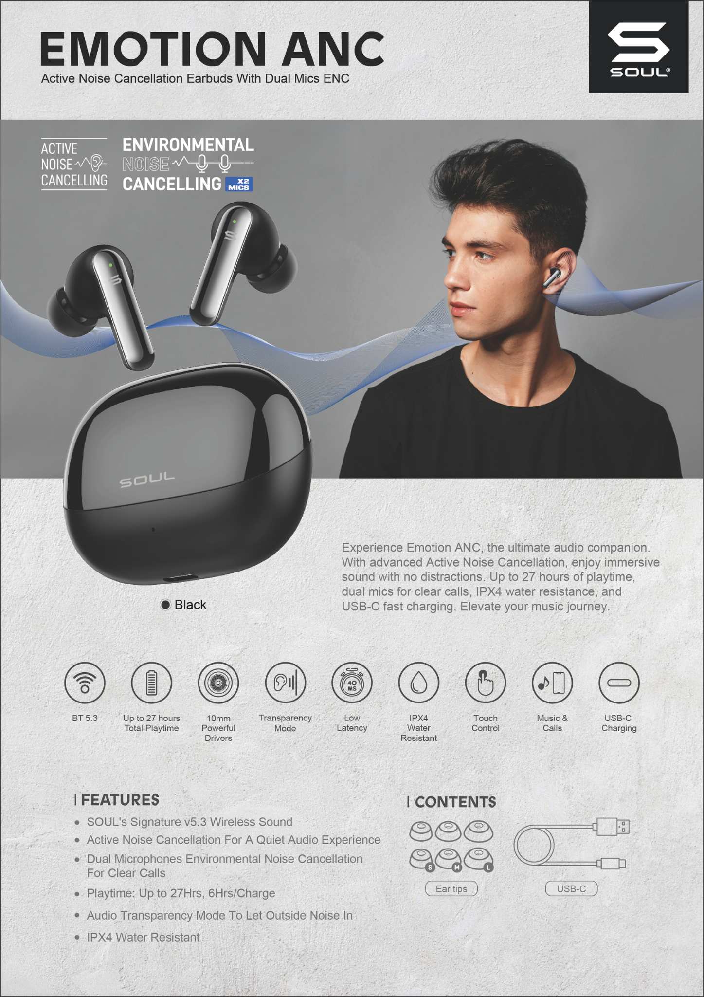 SOUL EMOTION ANC Active Noise Cancellation Earbuds with Dual Mics ...