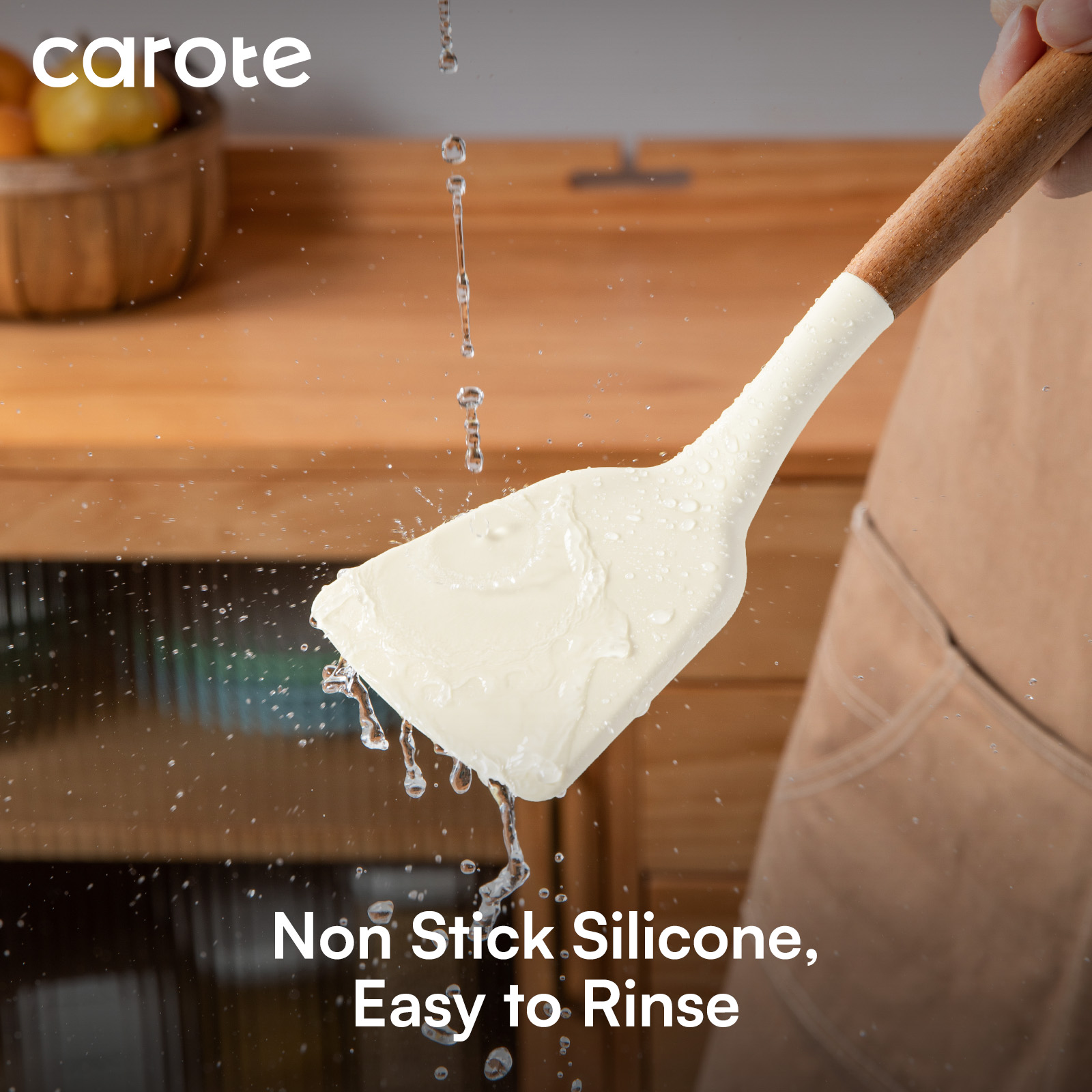 CAROTE Wooden Handle Slotted White color Non-stick Food Grade Silicone ...