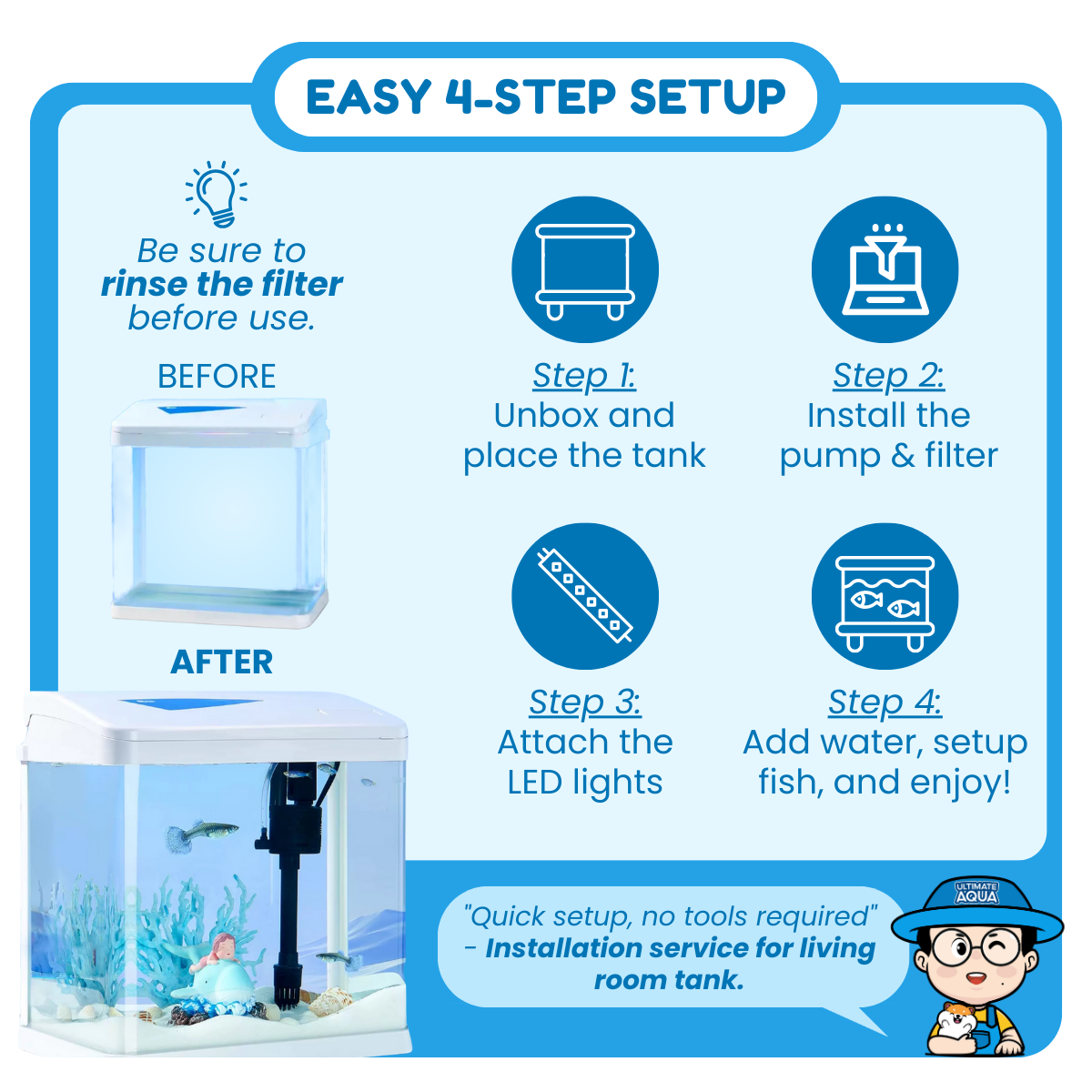 YEE Ecological Small Glass Fish Tank On Table [7L-100L] With Led Lights ...