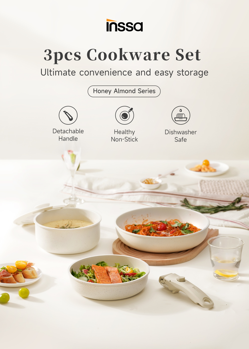 Inssa 5pcs Cookware Set丨18cm Saucepan 20cm 26cm Frying Pans丨Detachable ...