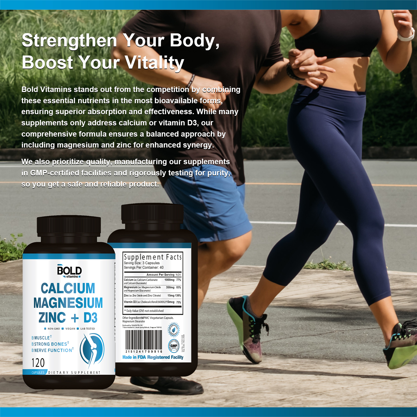 Bold Vitamins Calcium Magnesium Zinc + Vitamin D3 (120 Capsules) For ...