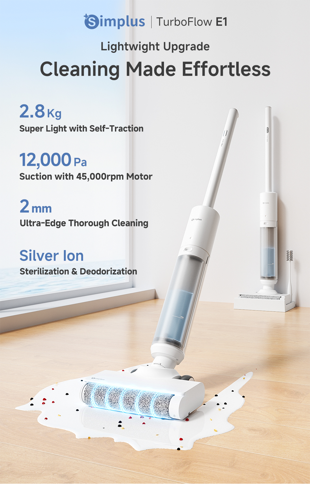 Simplus Floor Washer | 2.8kg Lightweight | Tangle-Free Roller | 99.99% ...