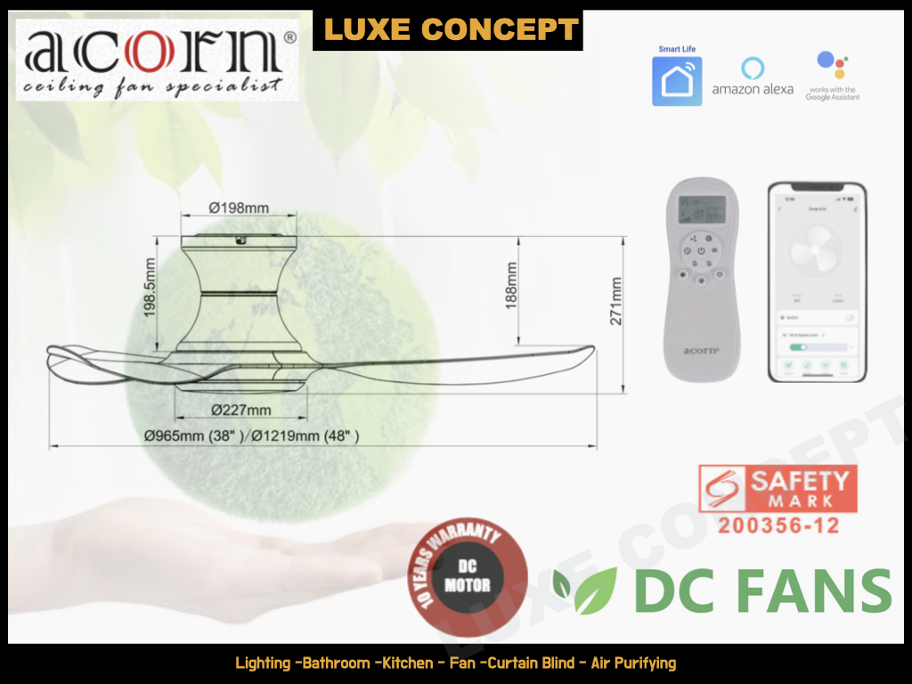 LUXE - ACORN DC368H Smart Ceiling Fan 38/48/58“ （WI-FI）with remote ...