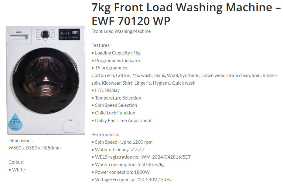ELBA EWF 70120 WP 7KG FRONT LOAD WASHING MACHINE + EBD 781H VT 7KG ...