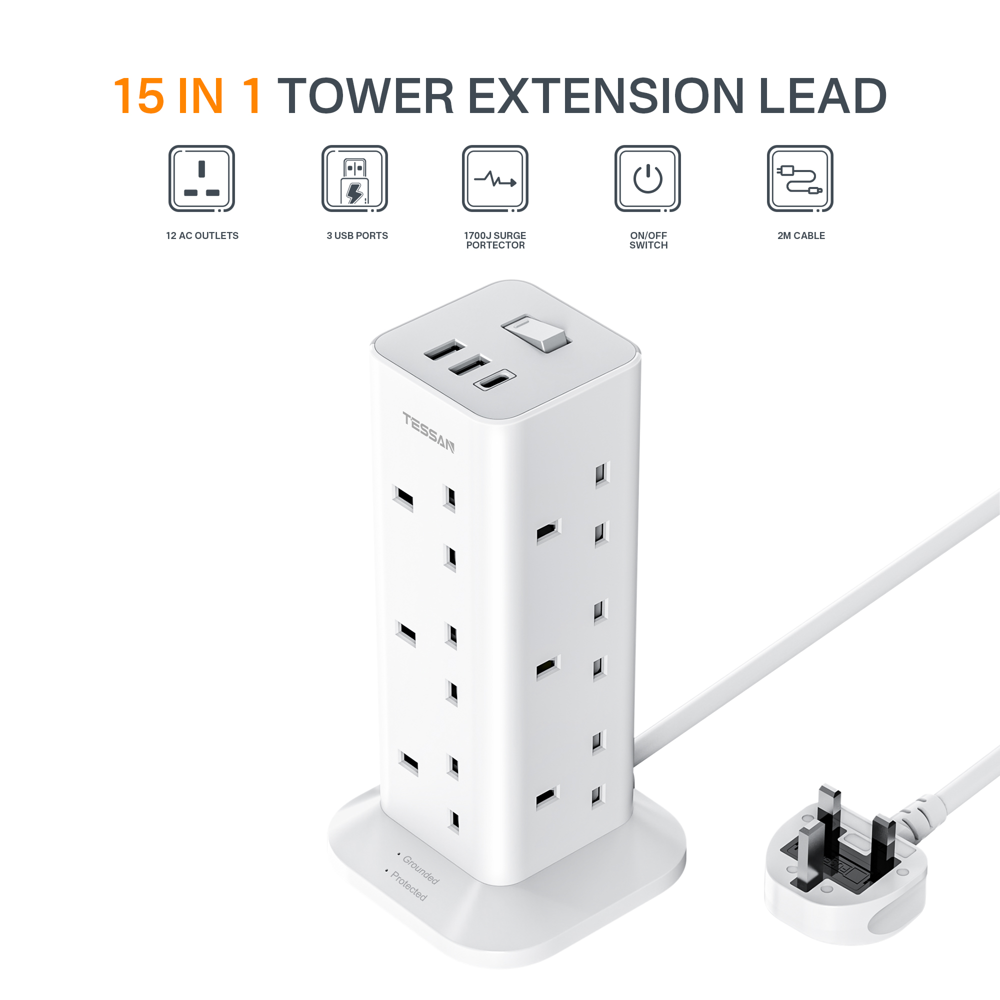 TESSAN - SG Safety Mark, Extension Socket Tower with USB Type C Surge ...