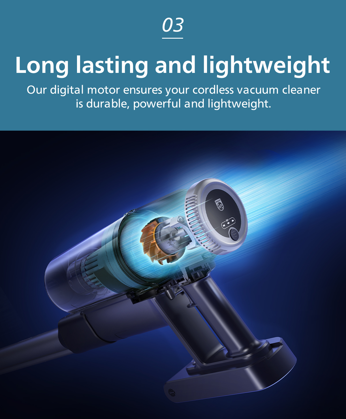 PHILIPS Cordless Vacuum 3000 Series – XC3031/61, Lightweight 1.5kg, LED ...