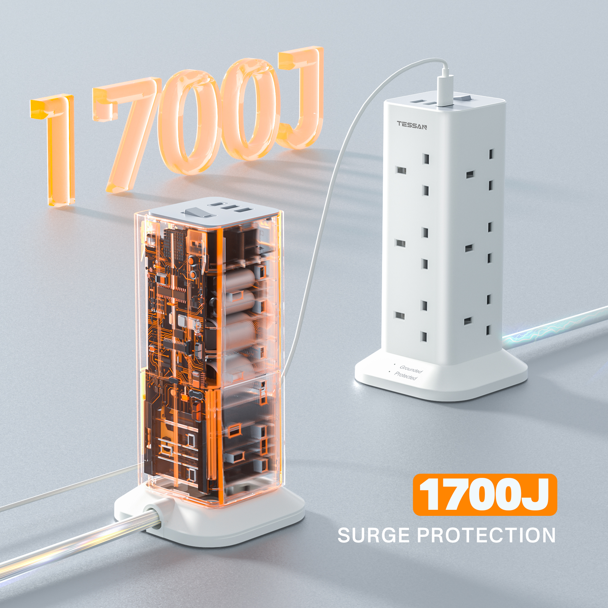 TESSAN - Singapore Safety Mark, Tower Extension Cord With USB & Type C ...