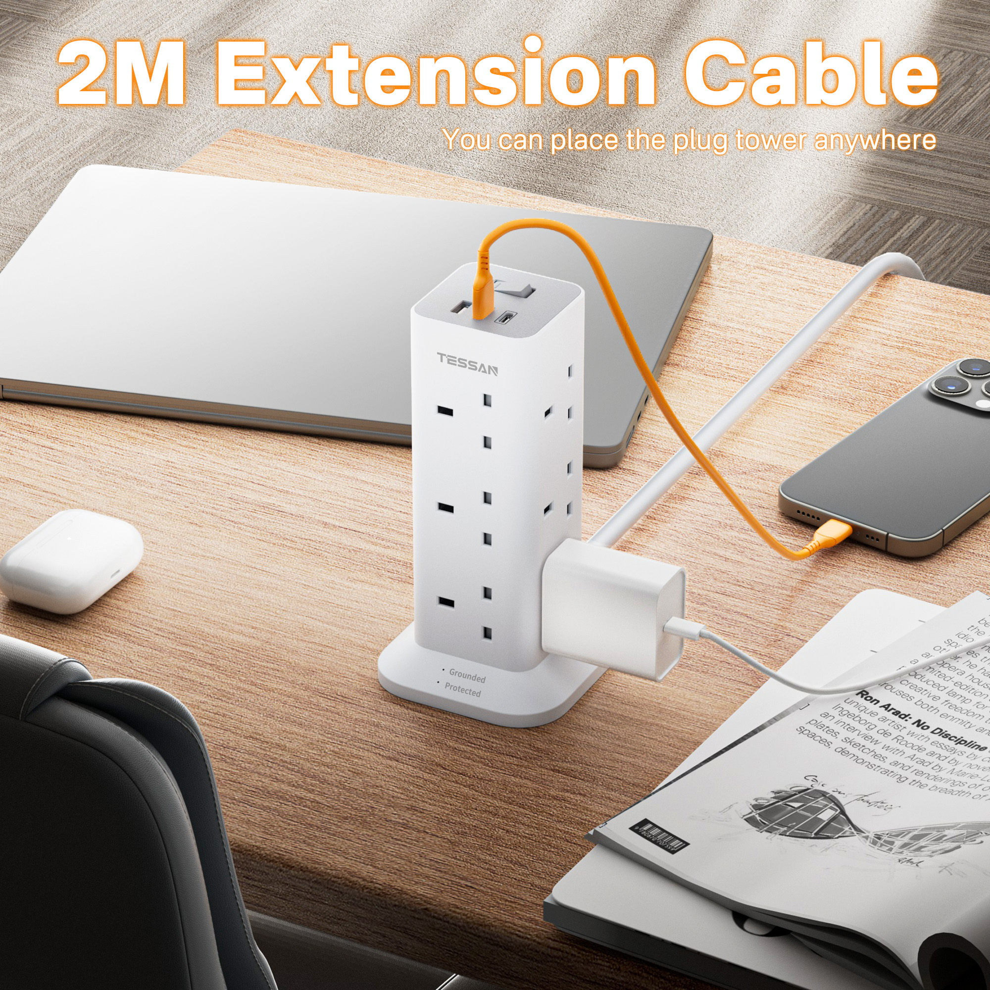 TESSAN - SG Safety Mark, Extension Socket Tower with USB Type C Surge ...