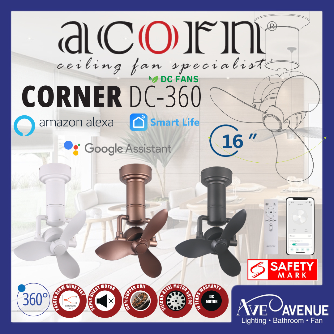 ACORN DC-360 DC Motor 3 Blade Smart WiFi Corner Ceiling/Wall Fan with ...