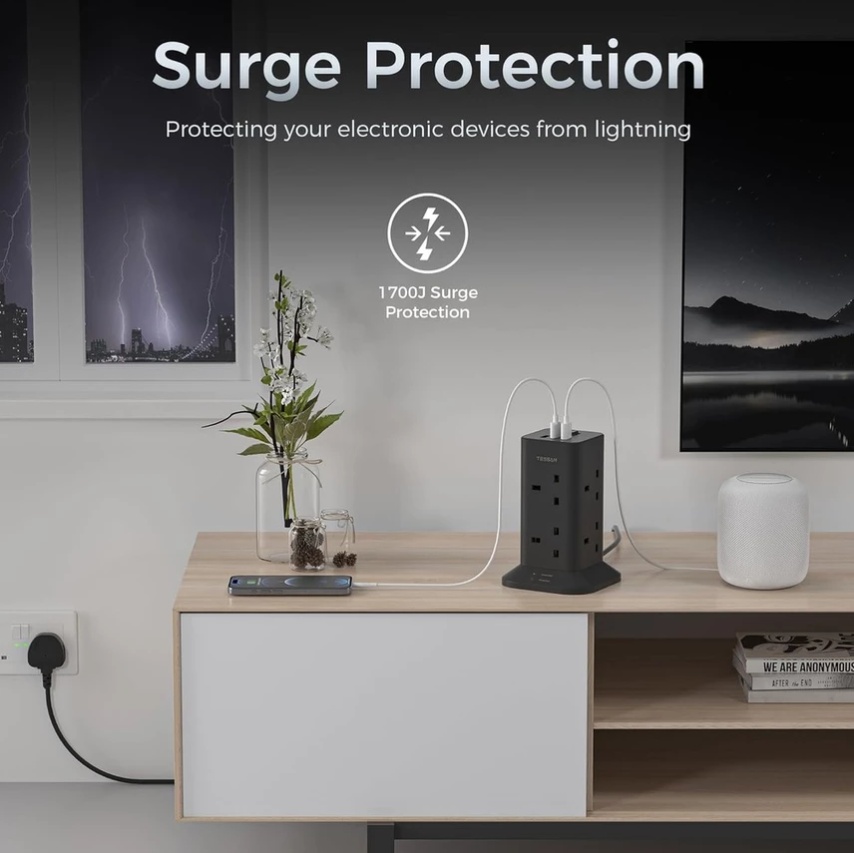 TESSAN - Singapore Safety Mark, Tower Extension Cord With USB & Type C ...