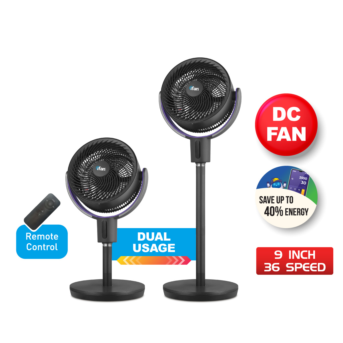 iFan Stand Fan , Powerful DC Motor Fan with OSC & remote control, Quiet ...