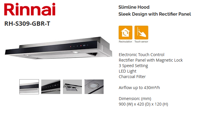 RINNAI RH-S309-GBR-T 90CM SLIM HOOD WITH TOUCH CONTROL + FUJIOH FH-GS6530 SVGL 3 BURNER GLASS ...
