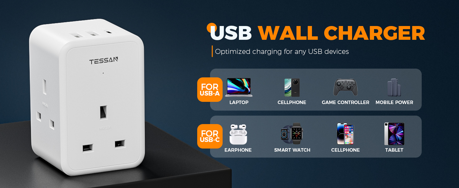 TESSAN - 6 in 1 Multi Plug Adapter with USB Type C Wall Plug Socket ...