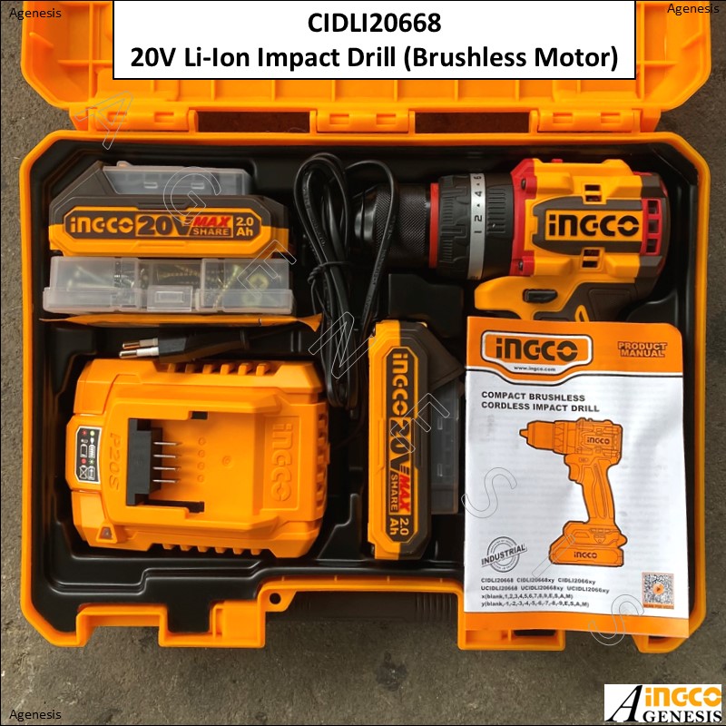 INGCO 20V Li-Ion Impact Drill (Brushless Motor) CIDLI206681 CIDLI20668 ...